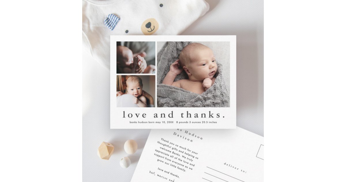Love and Thanks Baby Photo Birth Announcement Postcard | Zazzle