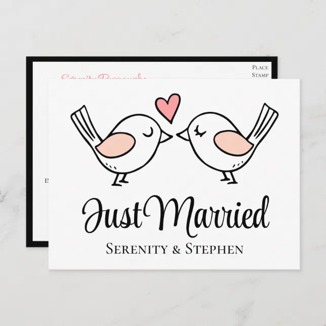 Lovebird Black Love Birds Just Married Wedding Announcement Postcard ...