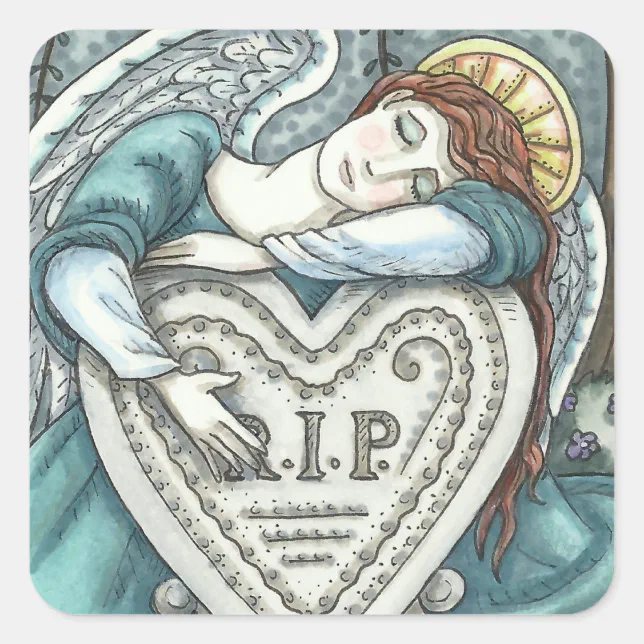 LOVING GUARDIAN ANGEL, CEMETERY MOURNING ART RIP SQUARE STICKER | Zazzle