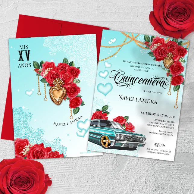Lowrider Chola Chicano Red Rose Quinceanera Invitation | Zazzle