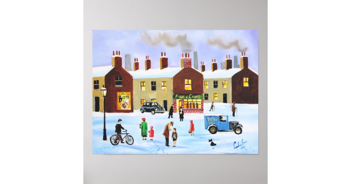 Lowry inspired nostalgic winter street scene poster | Zazzle