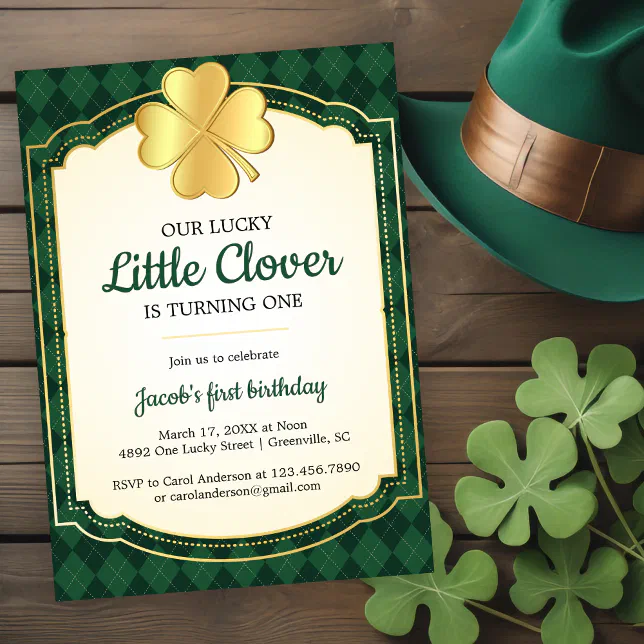 Lucky Little Clover Green 1st Birthday Party Invitation | Zazzle