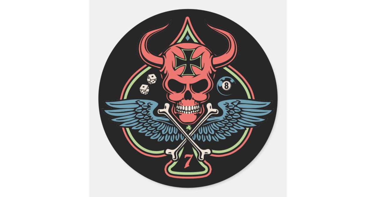 Lucky Winged Maltese Devil Skull of Spades Classic Round Sticker | Zazzle