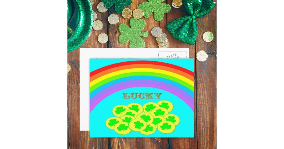 Lucky with Rainbows, Gold and Shamrocks Postcard | Zazzle