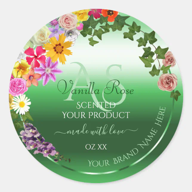 Luminous Green Floral Product Labels with Monogram | Zazzle