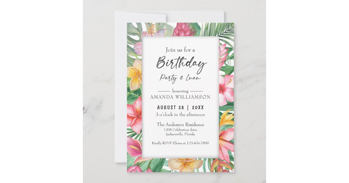 Lush Tropical Greenery Floral Birthday Party Luau Invitation | Zazzle