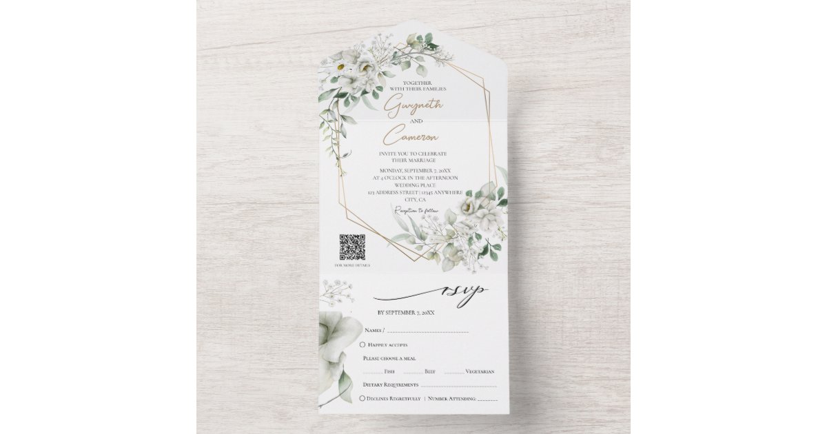Lush White Flowers QR code All in One All In One Invitation | Zazzle