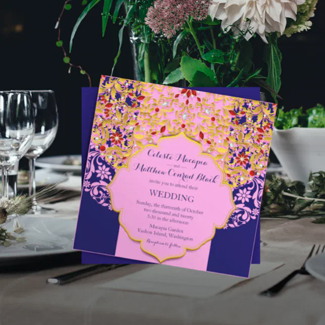 Lux Jewelled Gold Pink Blue Hindu Wedding Invitation | Zazzle