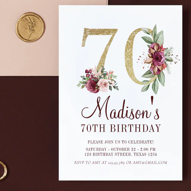 Luxury 70th Birthday Burgundy Gold Floral Invitation | Zazzle