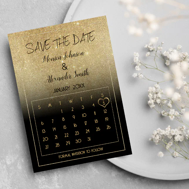 Luxury Black Gold Glitter Calendar Save the Date Announcement Postcard ...
