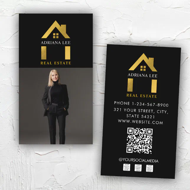 Luxury Black Gold Photo Real Estate Agent QR Code Business Card | Zazzle