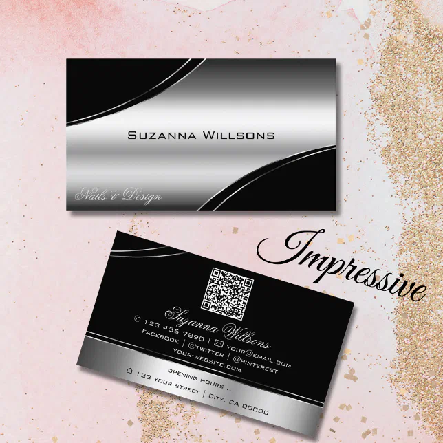 Luxury Black Silver Curved Decor Lines and QR Code Business Card | Zazzle
