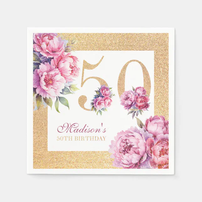 Luxury Custom 50th Birthday Pink Gold Glitter Napkin | Zazzle