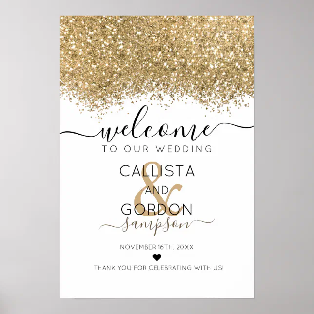 Luxury Gold White Glitter Confetti Wedding Welcome Poster | Zazzle