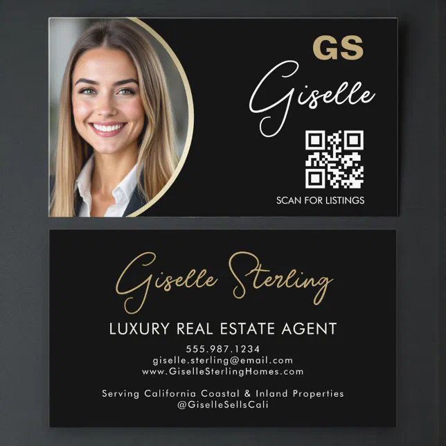 Luxury Real Estate Agent QR Code Black Gold Photo Business Card | Zazzle