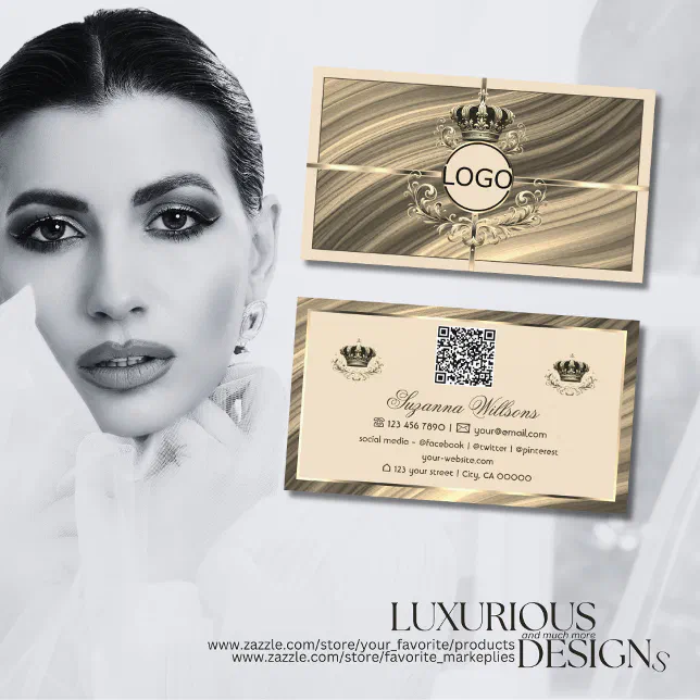 Luxury Royal Beige Gold Crown with Logo QR Code Business Card | Zazzle