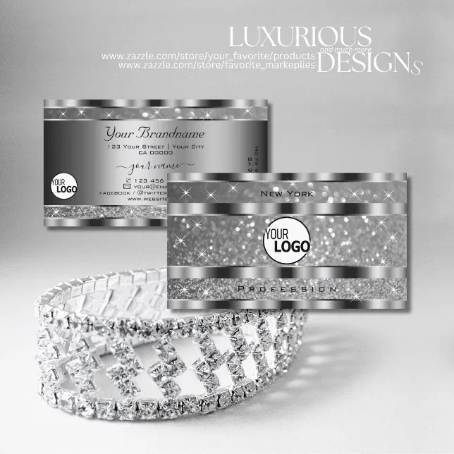 Luxury Silver Luminous Glitter Stars Logo Elegant Business Card | Zazzle