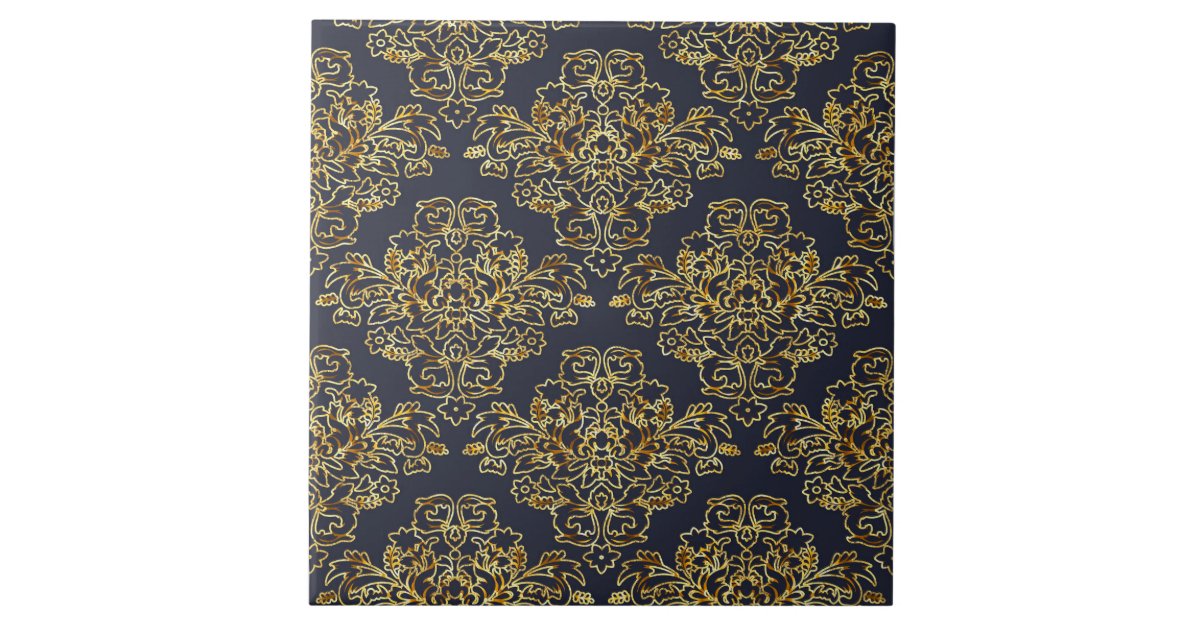 Luxury, vintage, elegant, navy blue, gold, floral tile | Zazzle