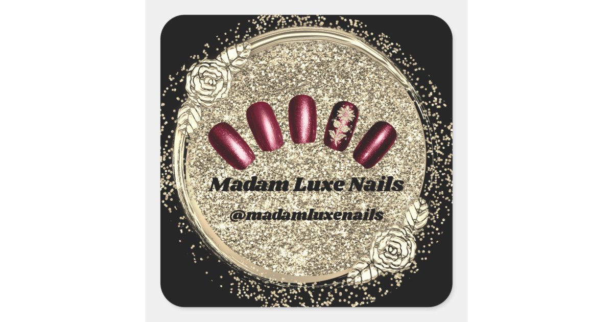 Madam Luxe Nail Glitter Black Burgundy Gold Square Sticker | Zazzle