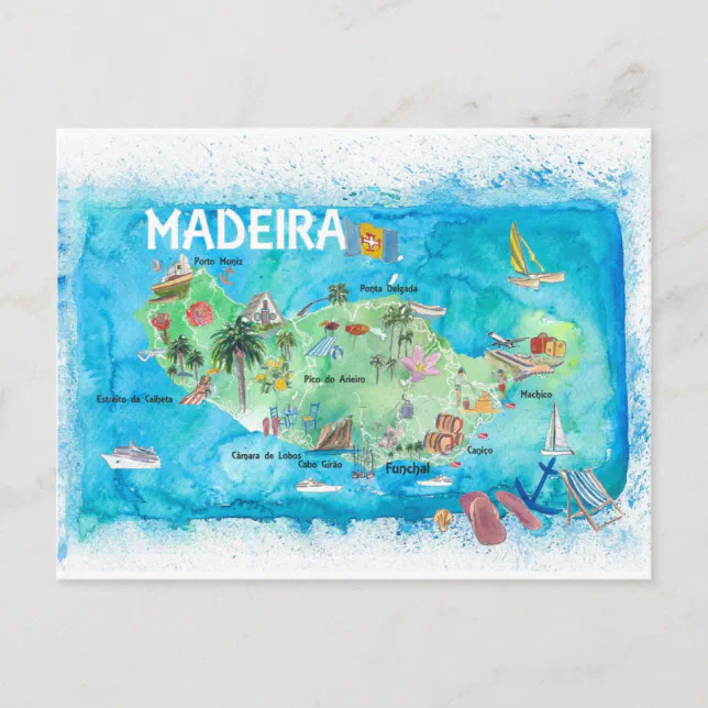 Madeira Portugal Island Illustrated Map Holiday Postcard | Zazzle