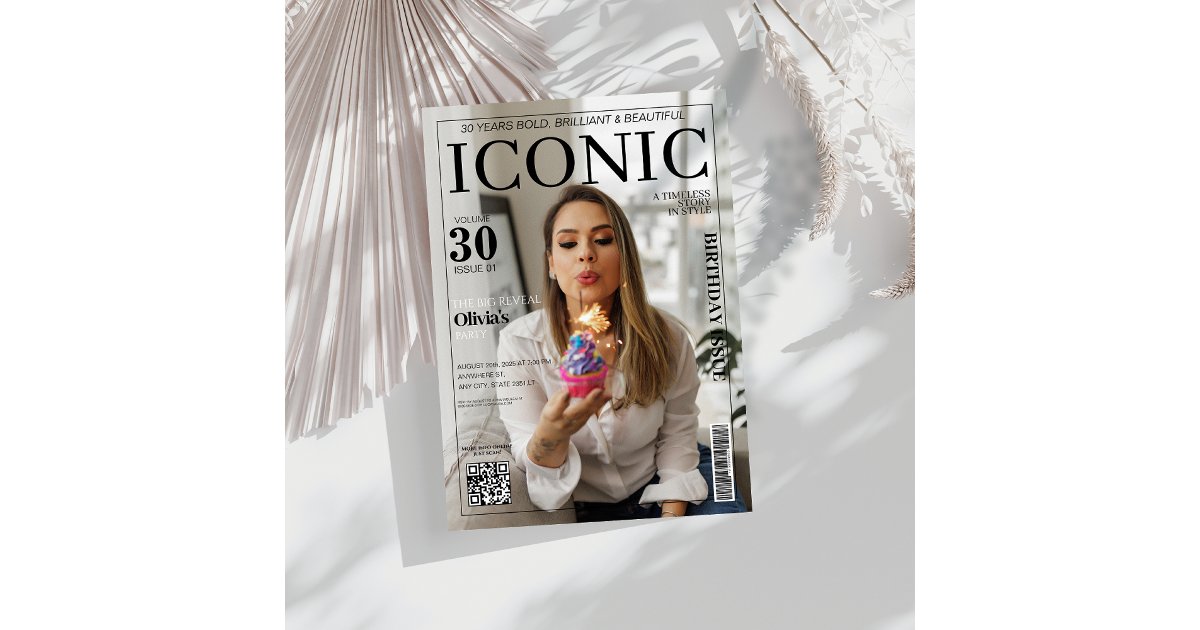 Magazine cover qr code 30th Birthday party Invitation | Zazzle