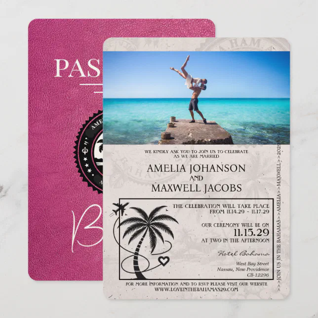 Magenta Pink Bahamas Passport Wedding Invitation | Zazzle