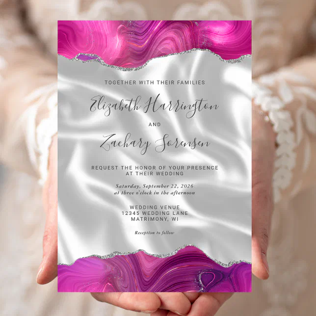 Magenta Silver Agate White Silk Wedding Invitation | Zazzle