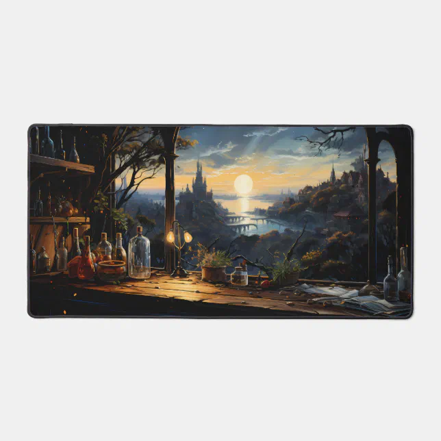 Magic Workshop Bench Overlooking a Fantasy Bay Desk Mat | Zazzle