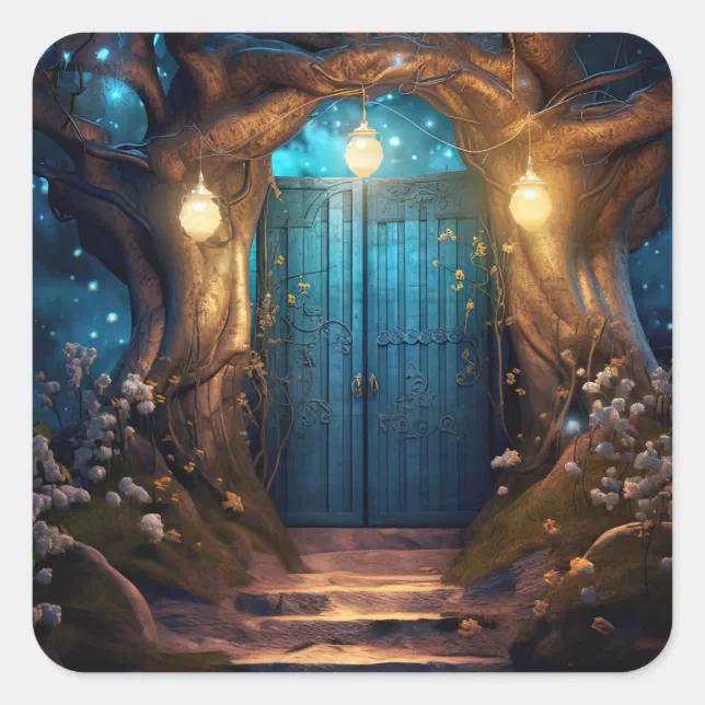 Magical Enchanted Fantasy Forest Old Blue Door Square Sticker | Zazzle