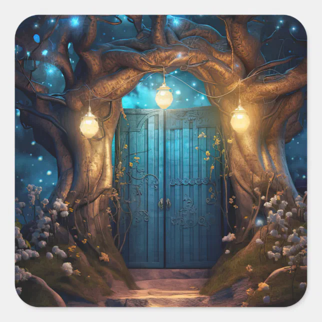 Magical Enchanted Forest Fantasy Antique Door Square Sticker | Zazzle