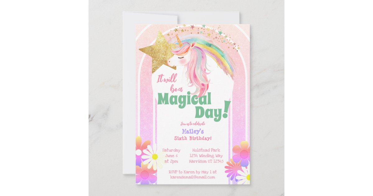 Magical Glitter Unicorn Sixth Birthday Invitation | Zazzle