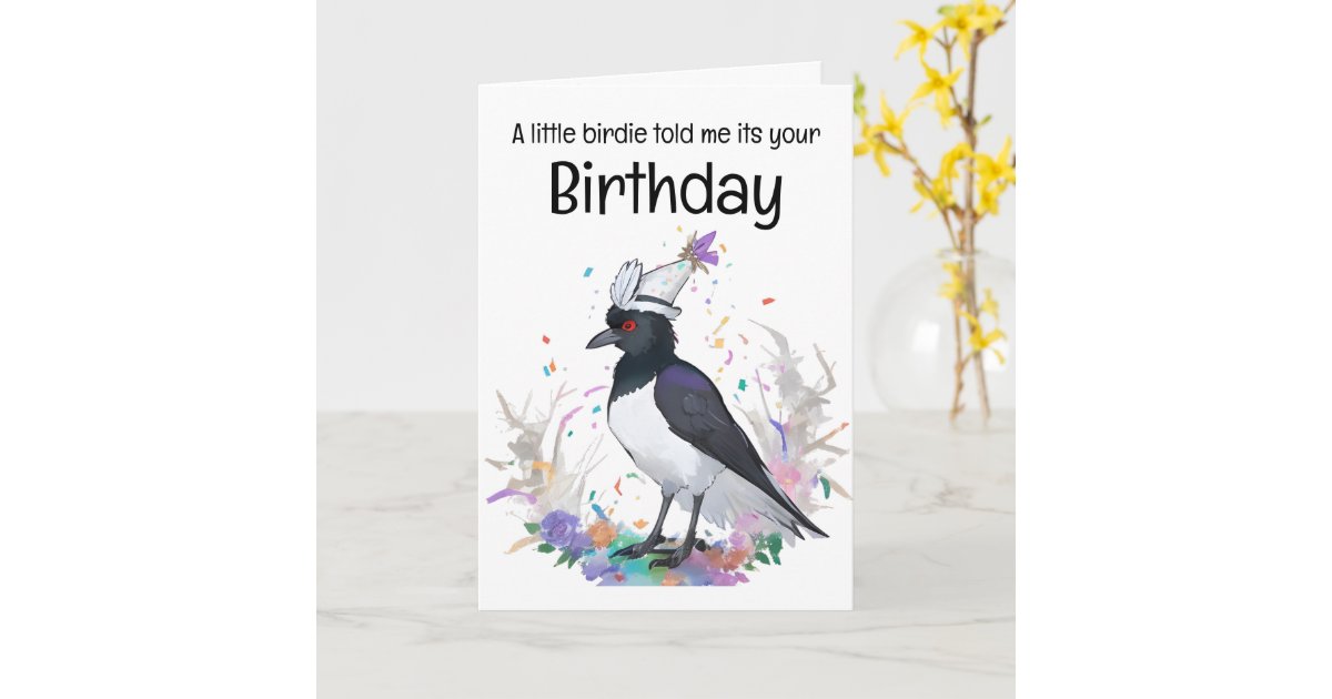 Magpie wearing birthday hat confetti background card | Zazzle