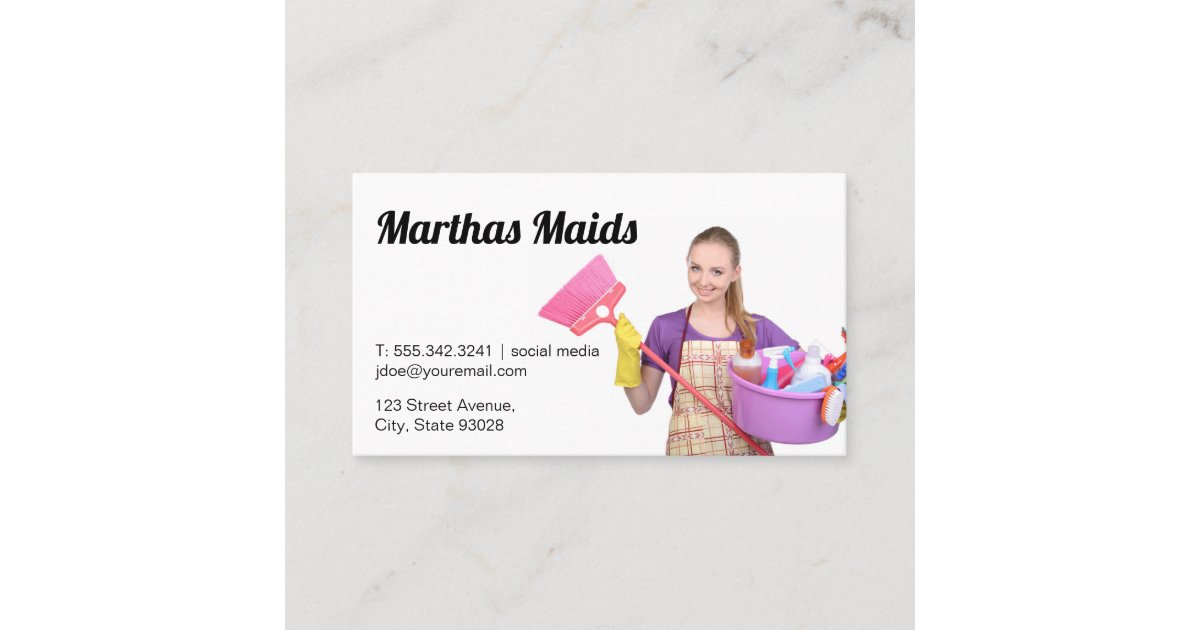 Maid Service | Cleaning Lady Holding Broom Business Card | Zazzle