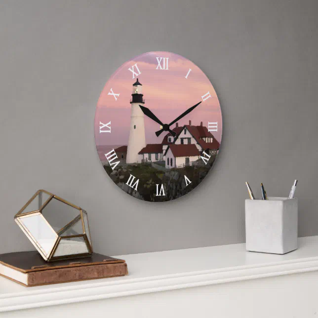 Maine Lighthouse Watercolour Paint Art Style Large Clock | Zazzle