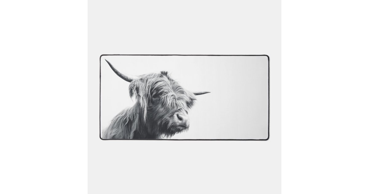 Majestic Highland cow black and white Desk Mat | Zazzle