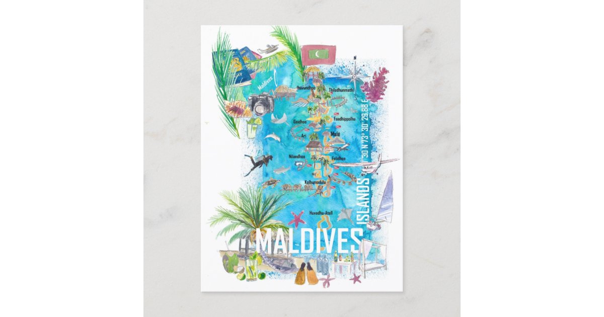 Maldives Islands Illustrated Travel Map Postcard | Zazzle