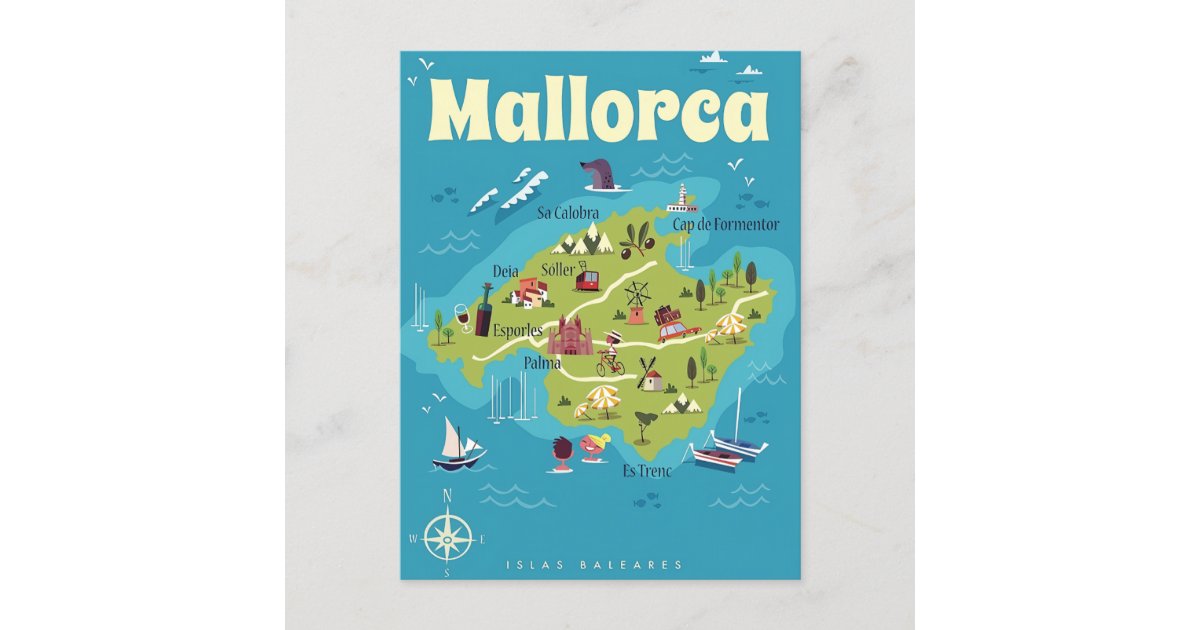 Mallorca Illustrated Map Postcard | Zazzle