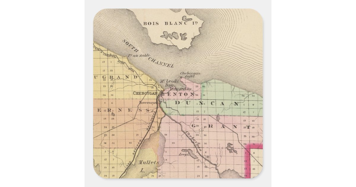 Map of Cheboygan County, Michigan Square Sticker | Zazzle