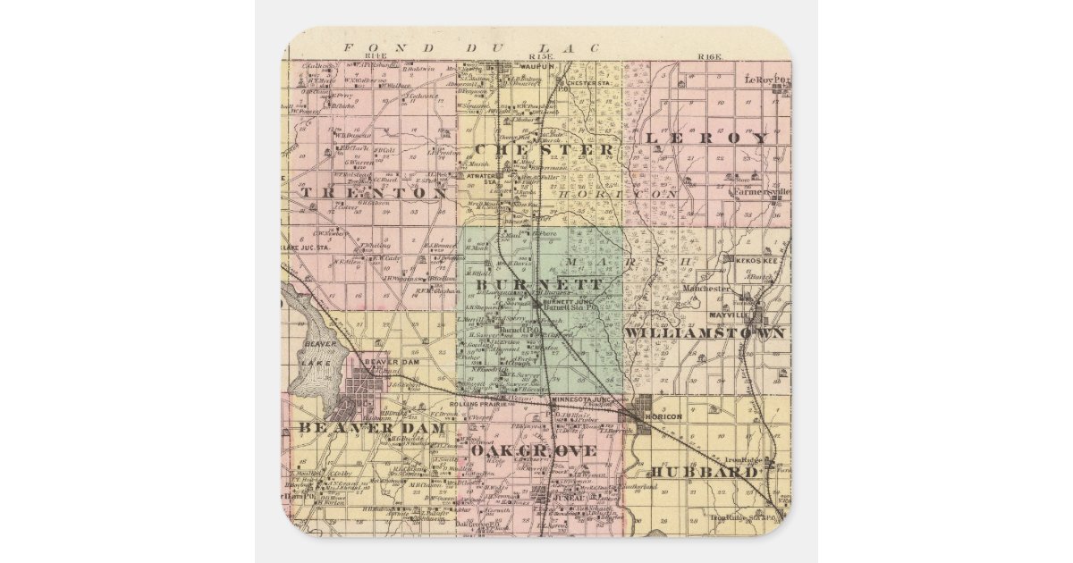 Map of Dodge County, State of Wisconsin Square Sticker | Zazzle