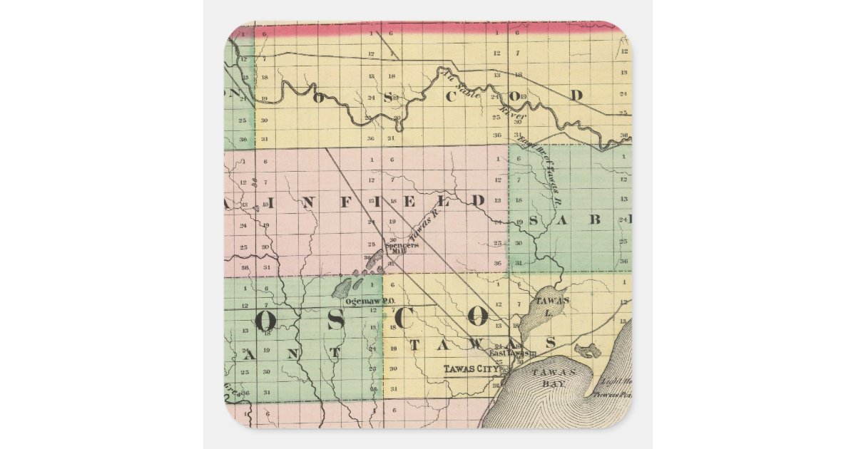 Map of Iosco County, Michigan Square Sticker | Zazzle