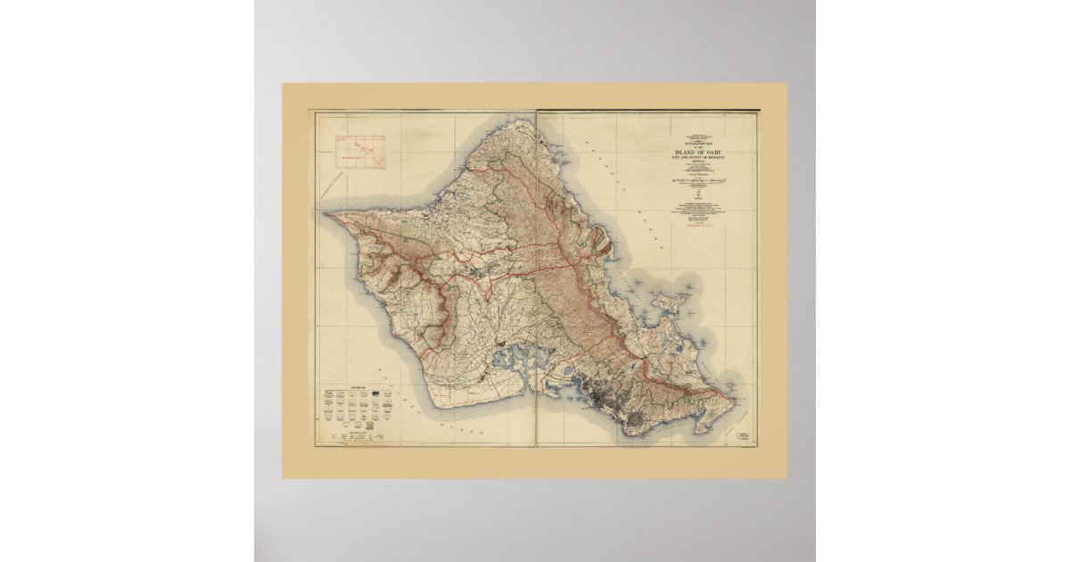 Map of Oahu, Hawaii (1938) Poster | Zazzle