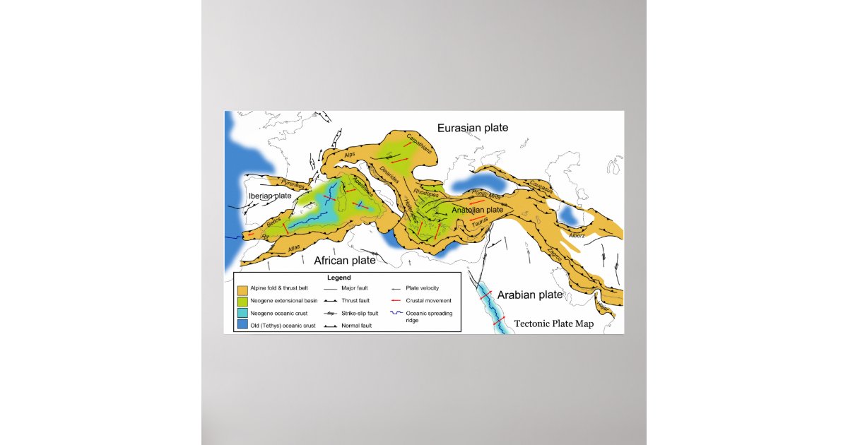 Map of Tectonic Plates of the Mediterranean & Alps Poster | Zazzle