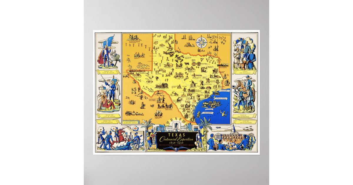 Map of Texas from the Centennial Exposition in 183 Poster | Zazzle