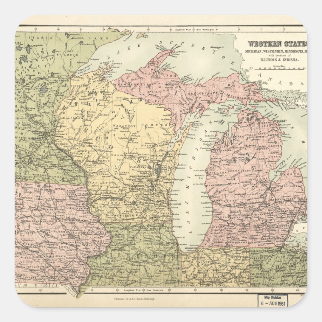 Map of the American MidWest (1873) Square Sticker | Zazzle