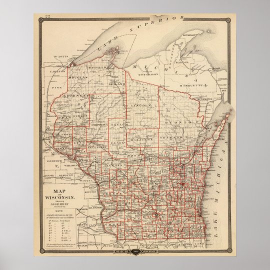 Map of Wisconsin, showing assembly districts Poster | Zazzle.co.uk