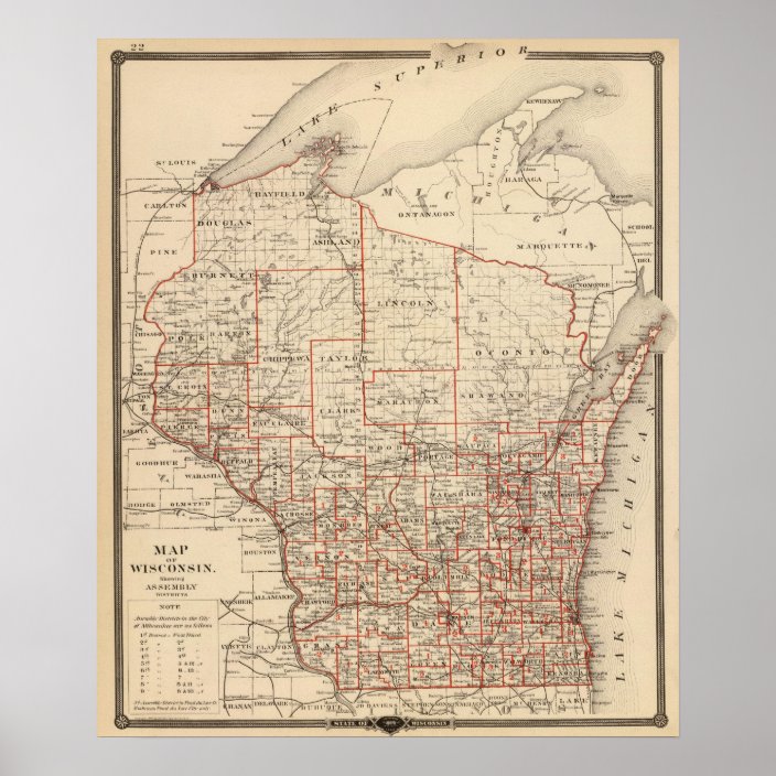 Map of Wisconsin, showing assembly districts Poster | Zazzle.co.uk
