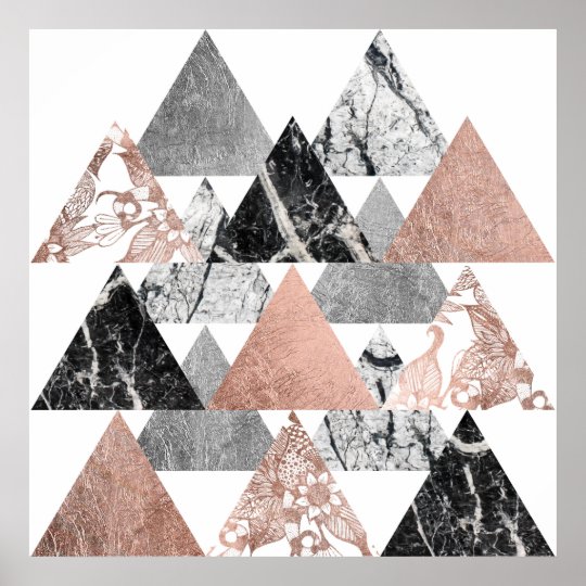 Marble Rose Gold Silver and Floral Geo Triangles Poster | Zazzle.co.uk