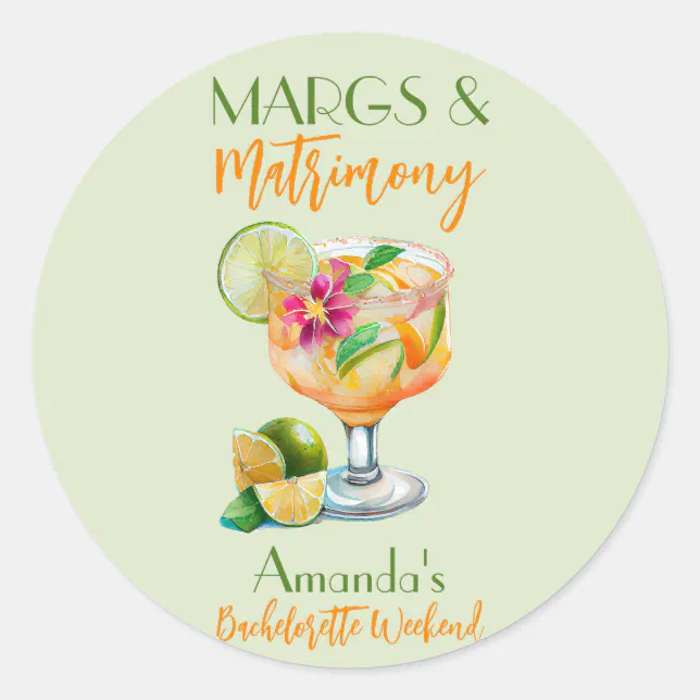 Margs and Matrimony Tequila & Fiesta Bachelorette Classic Round Sticker ...