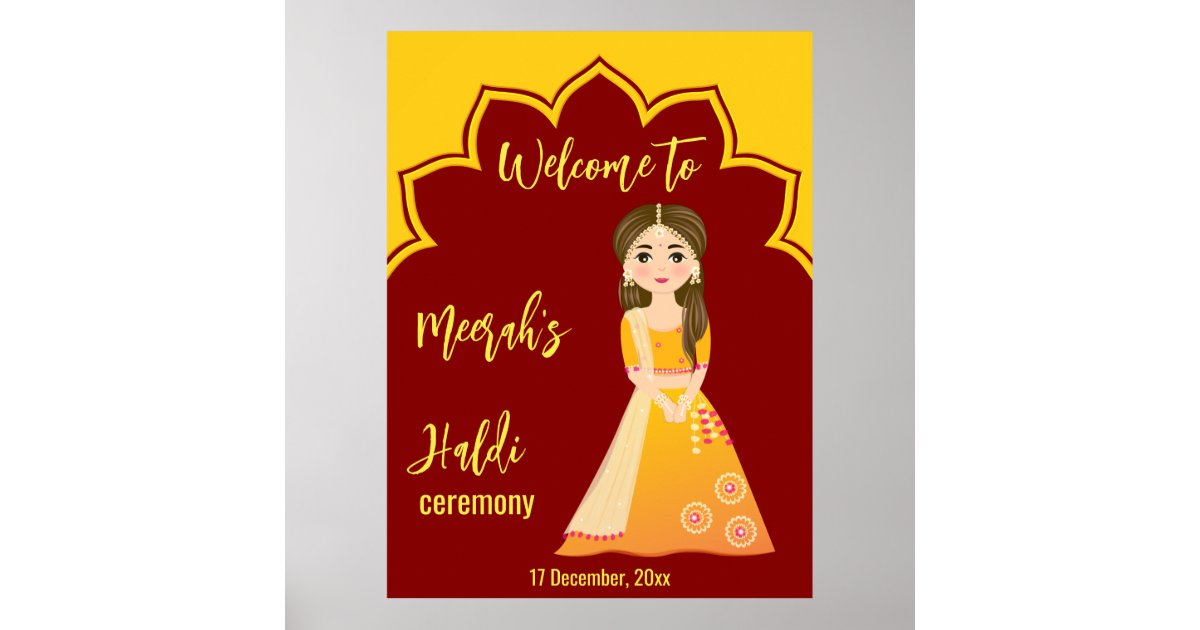 Maroon and yellow border hindu haldi ceremony poster | Zazzle