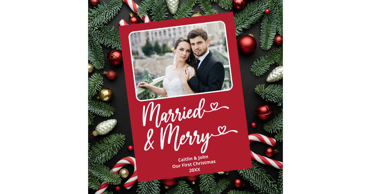 Married Merry 1st Christmas Newlywed Photo Red Holiday Card | Zazzle